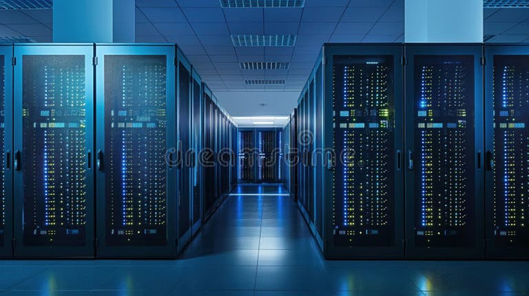 Modern Data Center with Multiple Rows of Server Racks, Fully Operational for Cloud Computing ...