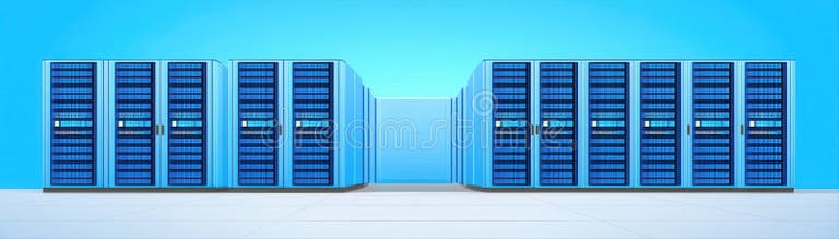 Modern Data Center with Multiple Server Racks and Cool Blue Lighting ...