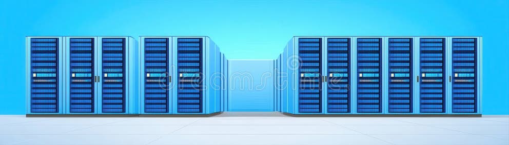 Modern Data Center with Multiple Server Racks and Cool Blue Lighting ...