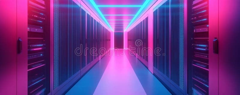 Modern Data Center with Neon Lighting, Perspective View. Futuristic ...