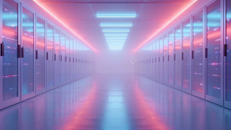 Modern Data Center with Neon Lighting and Row of Server Racks Stock ...