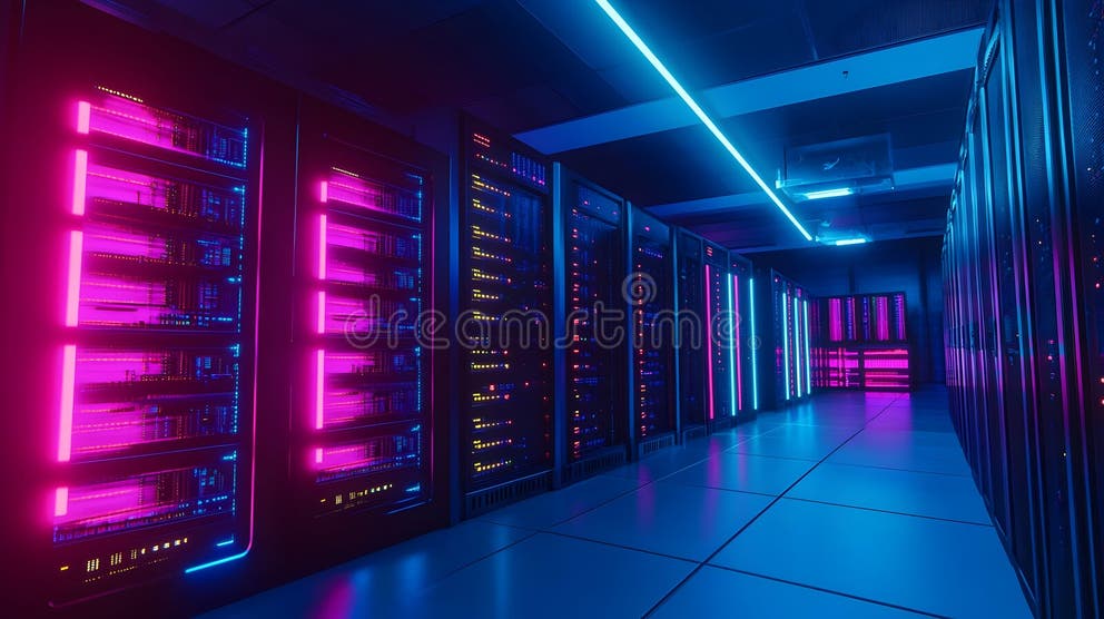 Modern Data Center with Neon Lights and Advanced Server Racks Stock ...