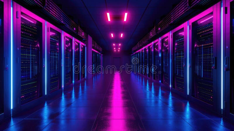Modern Data Center with Neon Lights Combines Technology and Futuristic ...