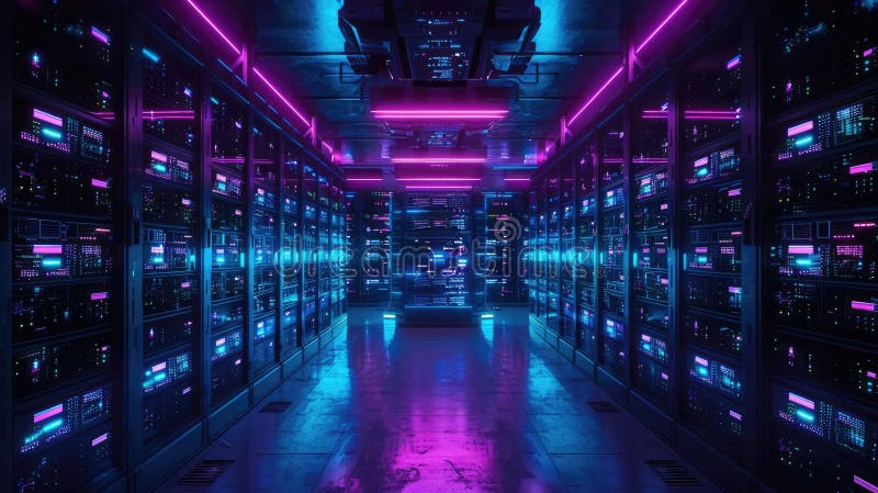 Modern Data Center with Neon Lights Combines Technology and Futuristic ...