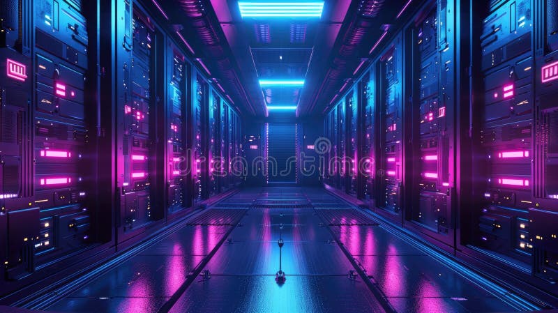 Modern Data Center with Neon Lights Combines Technology and Futuristic ...