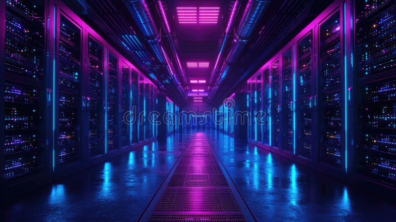 Modern Data Center with Neon Lights Combines Technology and Futuristic ...