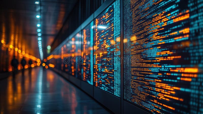 Modern Data Center at Night. Big Tech Screens Show Complex Data ...
