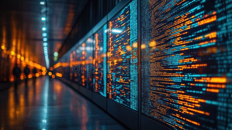 Modern Data Center at Night. Big Tech Screens Show Complex Data, Algorithms. AI-driven Processes ...
