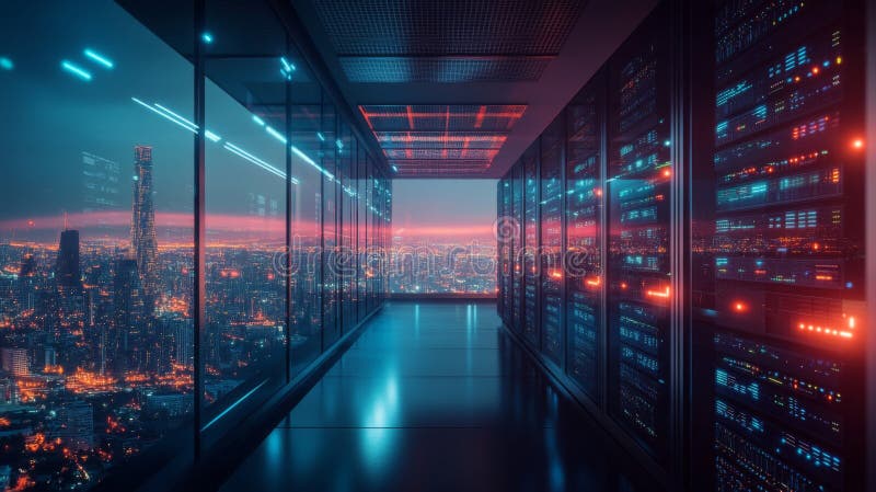 Modern Data Center at Night with City Skyline View Stock Illustration ...