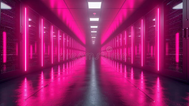 Modern Data Center with Pink Neon Lights, High-tech Computing ...