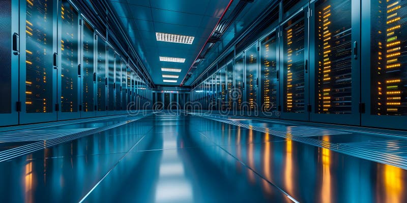 Modern Data Center with Row of Servers Reflecting on Shiny Floor ...