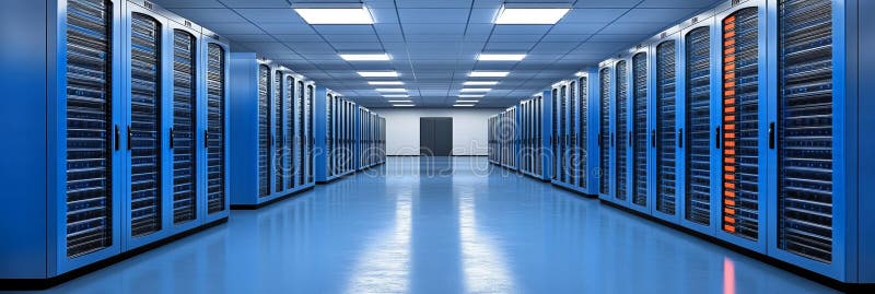 Modern Data Center with Rows of Blue Server Racks, Orange Illumination ...