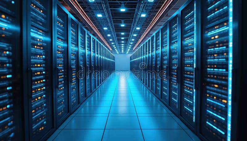 Modern Data Center with Rows of Glowing Server Racks. Network ...