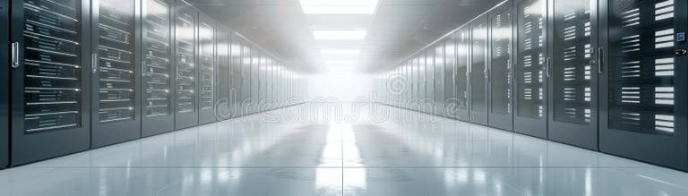 Modern Data Center with Rows of High Powered Servers and Bright ...