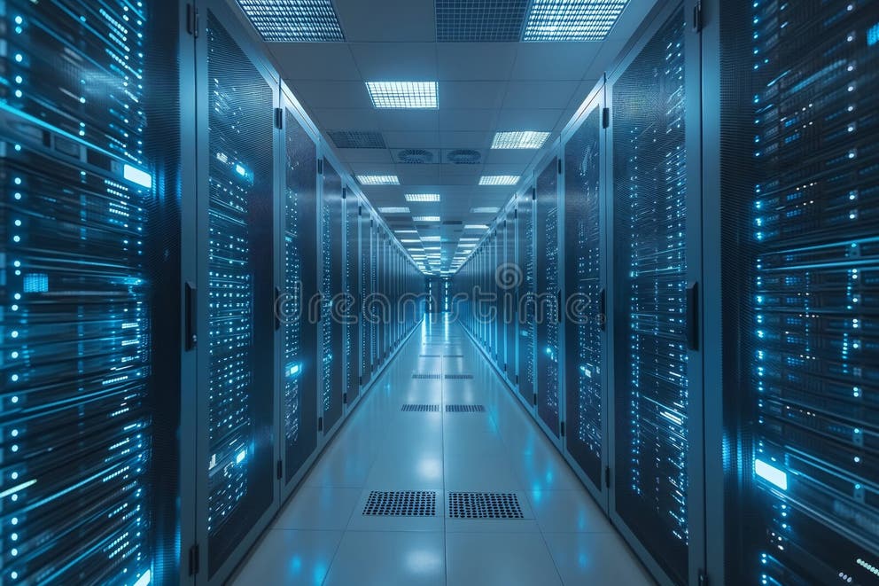 Modern Data Center with Rows of Illuminated Server Racks in a Secure ...