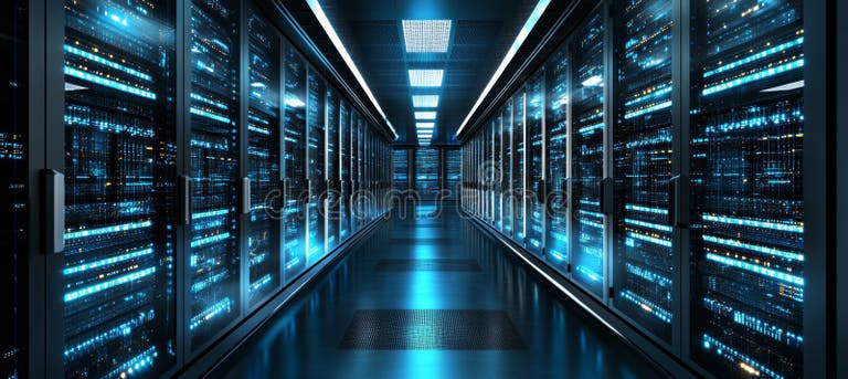 Modern Data Center with Rows of Network Servers. Big Data and Cloud Computing Technology ...