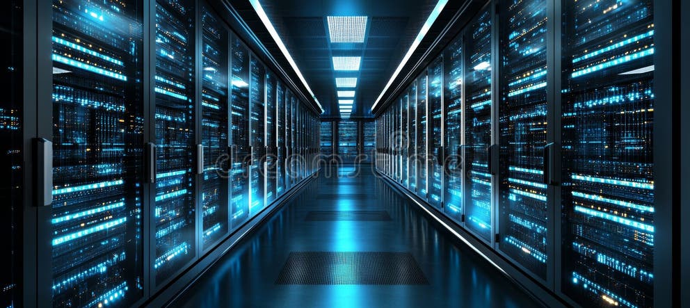 Modern Data Center with Rows of Network Servers. Big Data and Cloud Computing Technology ...
