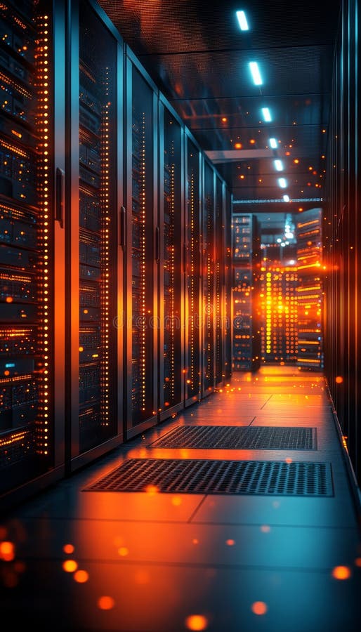 Modern Data Center with Rows of Network Servers and Racks, Illuminated ...