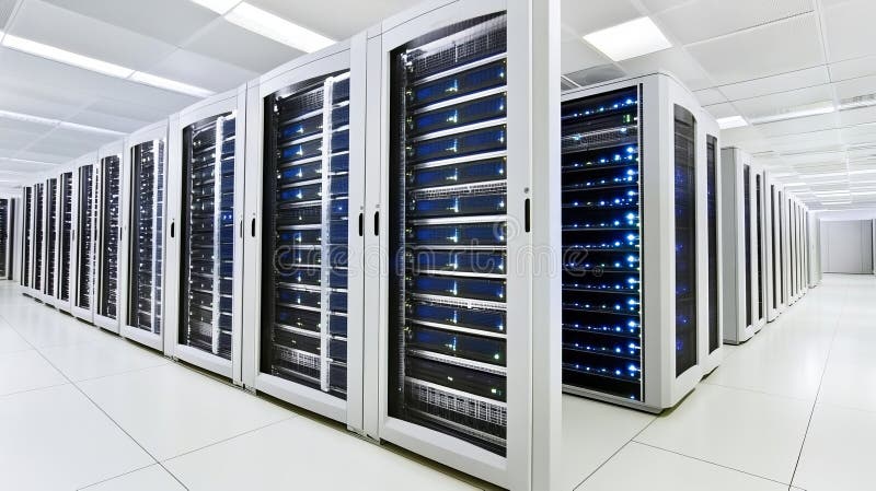 Modern Data Center with Rows of Server Racks, Big Data, Cloud Computing, Technology Concept ...