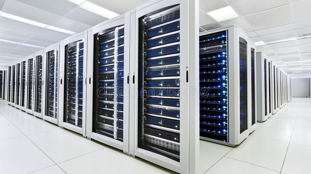 Modern Data Center with Rows of Server Racks, Big Data, Cloud Computing, Technology Concept ...