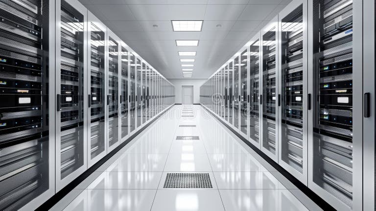 A Modern Data Center with Rows of Server Racks. the Corridor is Lit ...