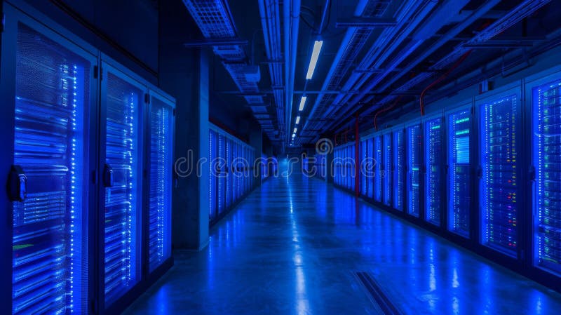 Rows of Server Racks Illuminated by Blue Lights in a Modern Data Center Showcasing Advanced ...