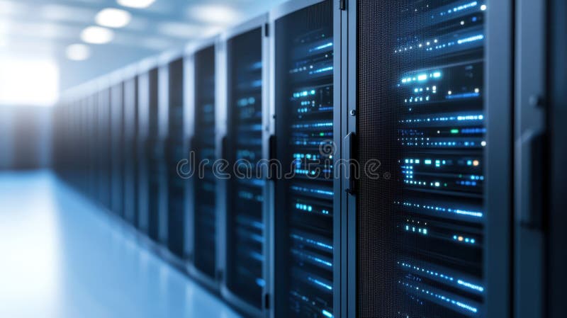 Modern Data Center with Rows of Server Racks Illuminated by Blue Lights ...