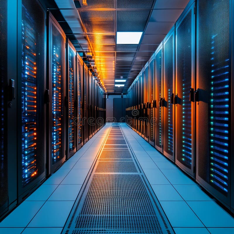 Modern Data Center with Rows of Server Racks, Illuminated with Blue and ...