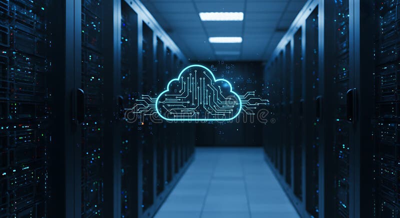 Modern Data Center with Rows of Server Racks Lining a Corridor. a ...