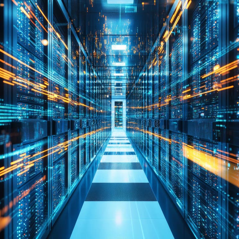 Modern Data Center with Rows of Server Racks, Network Communication ...