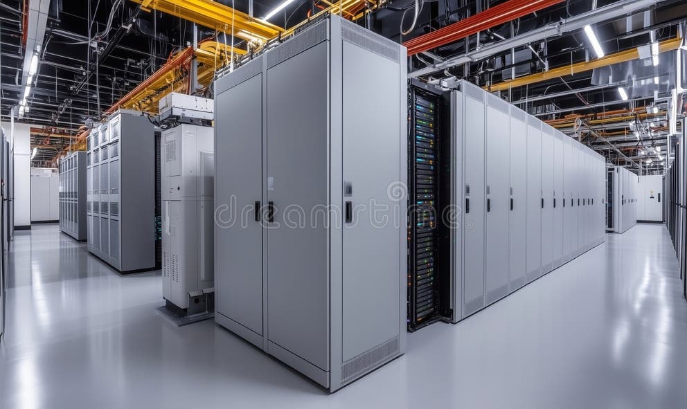 Modern Data Center with Rows of Server Racks and Organized ...