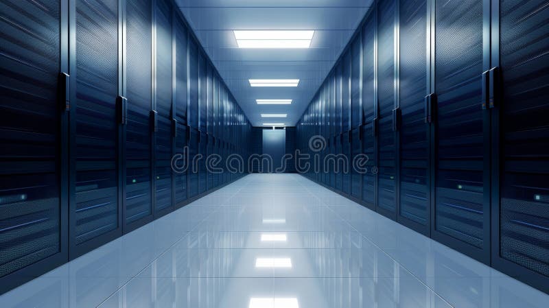 Modern Data Center with Rows of Server Racks Under Bright Lighting ...