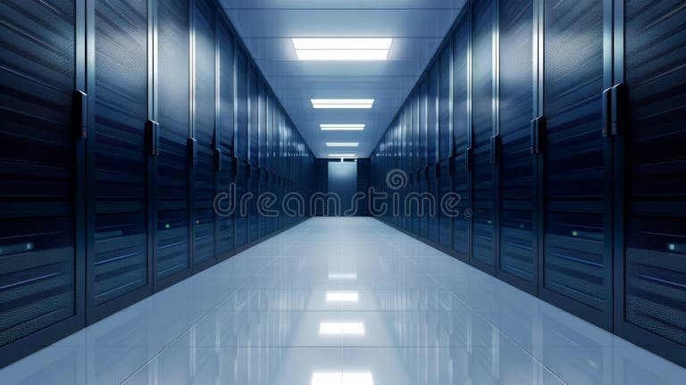 Modern Data Center with Rows of Server Racks Under Bright Lighting ...