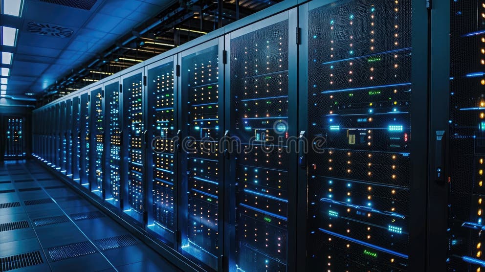 Modern Data Center with Rows of Servers and Blue LED Lights, Showcasing ...