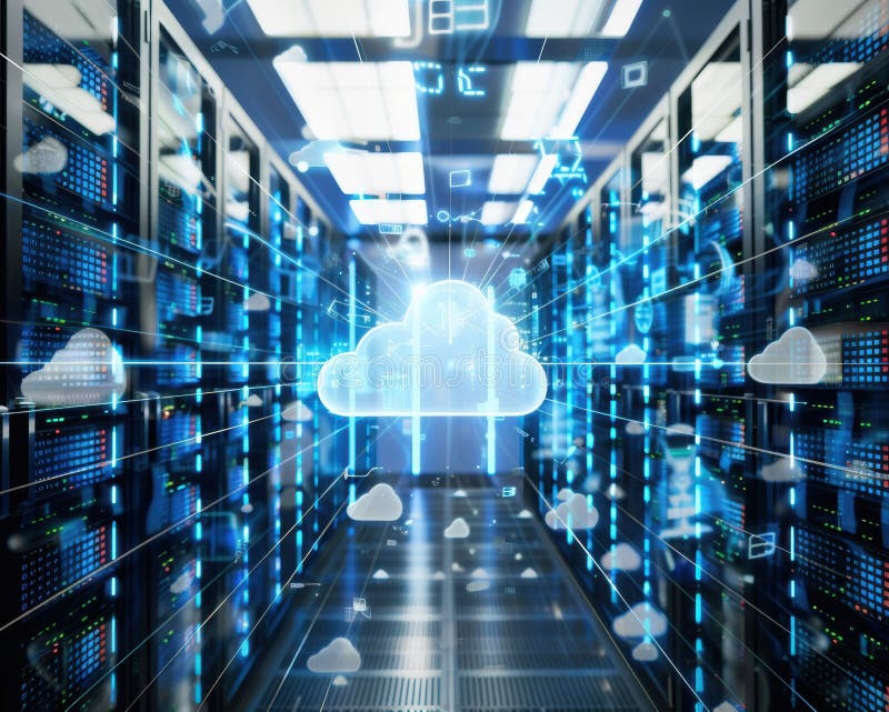 Modern Data Center with Rows of Servers and Glowing Cloud Computing Icons, Representing Advanced ...