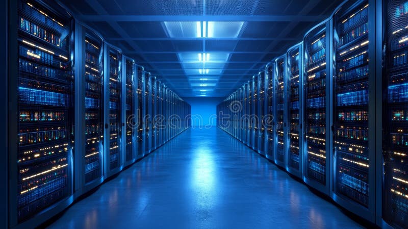 A Modern Data Center with Rows of Servers Illuminated by Blue Lights ...