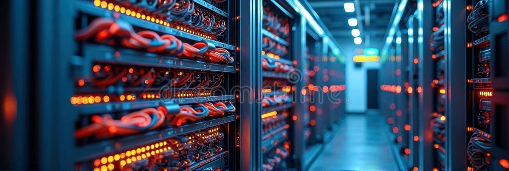 Modern Data Center with Rows of Servers and Illuminated Cables in a ...