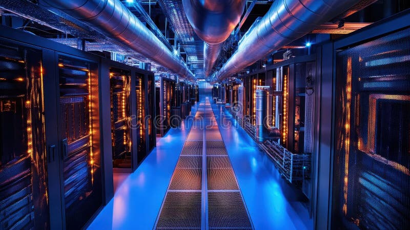 A Modern Data Center with Rows of Servers and Illuminated Pathways ...