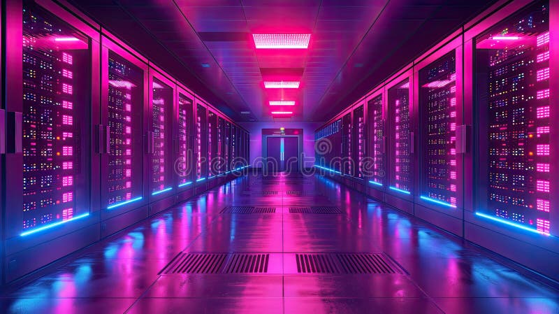 Modern Data Center with Rows of Servers Illuminated by Pink and Blue ...