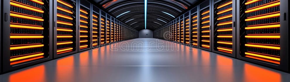 Modern Data Center with Rows of Servers and Illuminated Rack Units in a ...