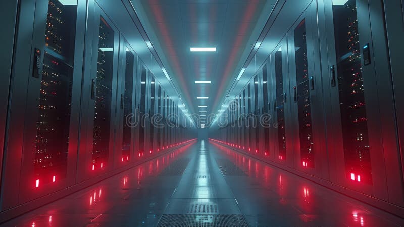 Modern Data Center with Rows of Servers Illuminated in Red Lighting ...