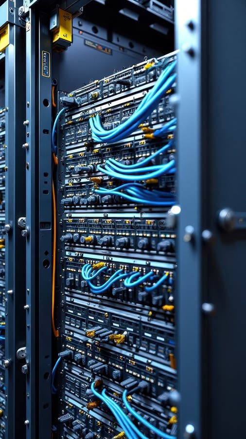 Modern Data Center Server Rack with Blue Network Cables and Network ...