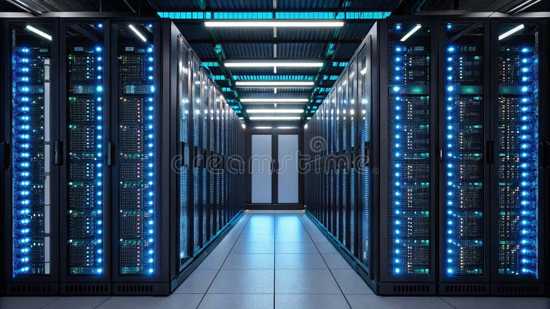Modern Data Center with Server Racks and Ambient Blue Lighting Stock ...