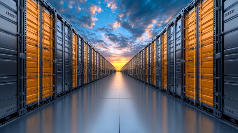 Modern Data Center with Server Racks and a Beautiful Sunset Sky ...