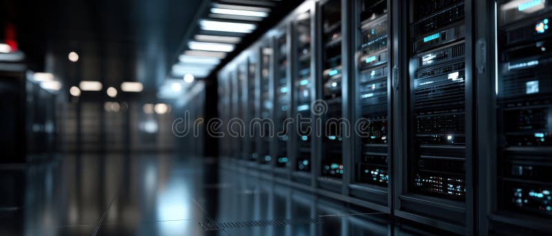 Modern Data Center with Server Racks and Blinking Lights in a Dark Room Concept of Cloud ...