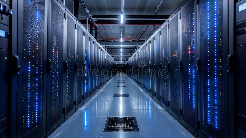 Modern Data Center with Server Racks, Blue Ambient Lighting, and ...