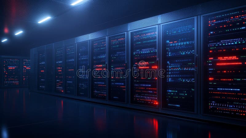 Modern Data Center with Server Racks in Blue Light Stock Illustration ...