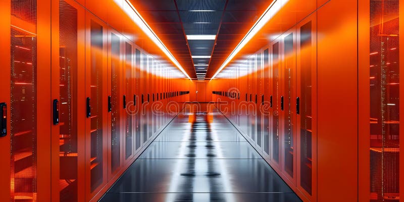 Modern Data Center with Server Racks in Brightly Lit Orange Hallway ...
