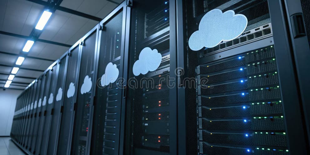 Modern Data Center with Server Racks and Cloud Storage Symbols for ...