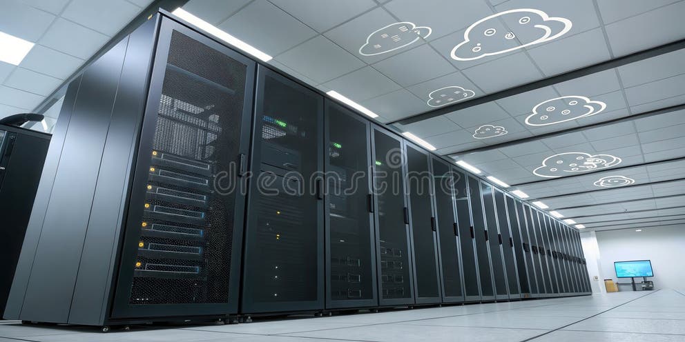 Modern Data Center with Server Racks and Cloud Symbols on Ceiling in ...
